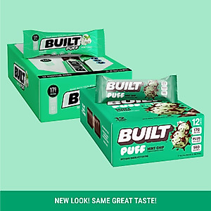 Built Bar, Puff Protein Bars, Mint Chip Puff, 17g Protein Snacks, On-The-Go Bars, Only 140 Calories, 6g Sugar, Collagen, Gluten Free, 12 Count