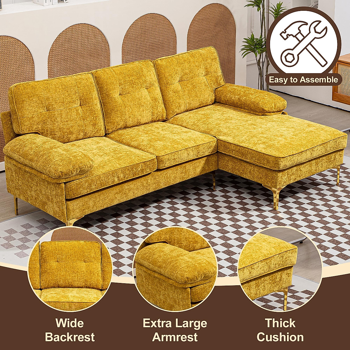 PALLOME 84" Convertible Sectional Sofa Couch, L Shaped Sofa Couch with Reversible Chaise, Chenille 3-Seat Lounge Couch, Sleeper Sofa Bed for Small Space, Living Room, Apartment (Yellow)