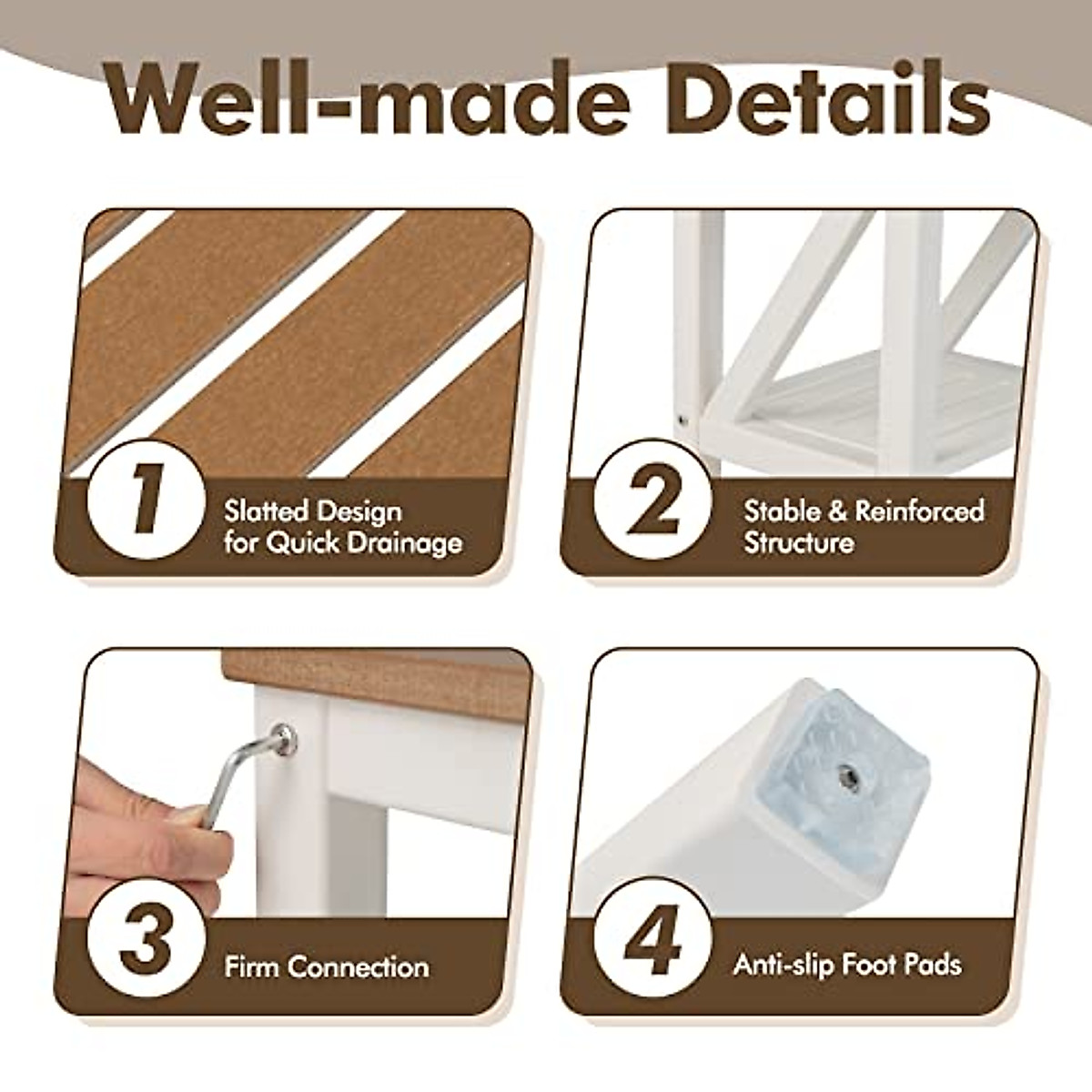 Giantex Shower Bench Waterproof HDPE - Shower Stool with Storage Shelf, Slatted Seat, Non-Slip Foot Pads, 2-Tier Plastic Spa Bath Step Shower Seat Footrest for Bathroom Indoor Outdoor (White & Brown)