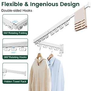 Kelisiting Wall Mounted Clothes Drying Rack, Laundry Drying Rack Wall Mounted, Upgrade 3-Foldable Clothing Drying Rack with 24 Hooks for Laundry, Laundry Organizer for Laundry & Dorms-White