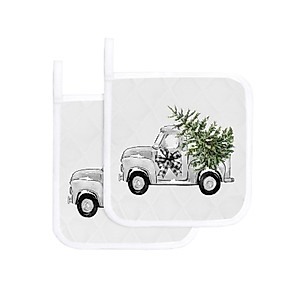 2 PCS Pot Holders with Hanging Loops, Christmas Heatresistant Potholders Coasters Mat for Kitchen Cooking Baking BBQ Classic Old World Car Xmas Green Pine Tree