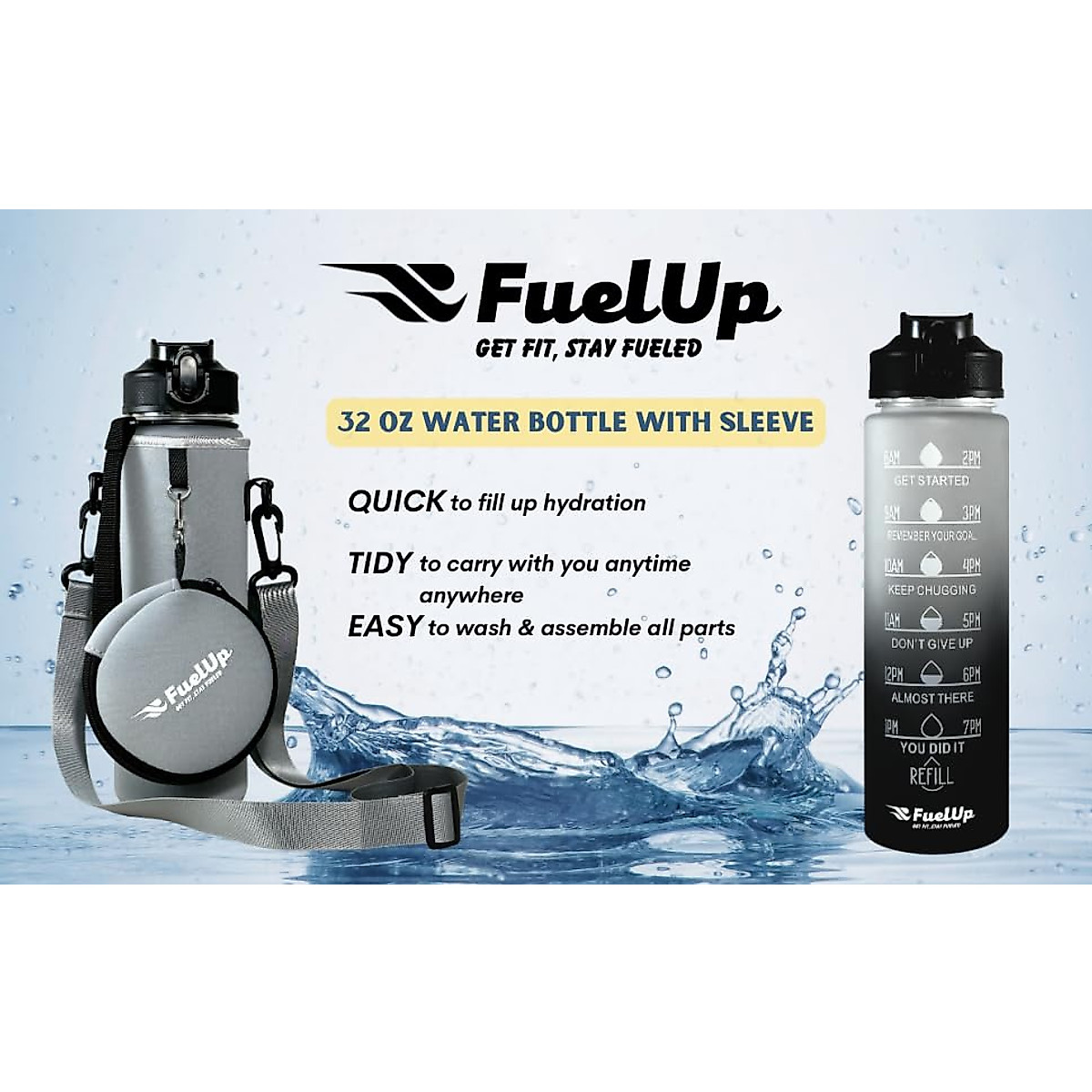 FuelUp Motivational Water Bottle Black with Sleeve, Flip Top Durable BPA Free Tritan Non-Toxic Frosted Bottle Perfect for Office, School, Gym and Workout
