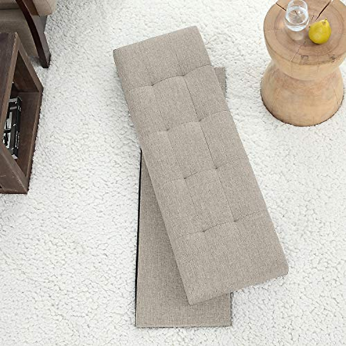 Ornavo Home Foldable Tufted Linen Large Storage Ottoman Bench Foot Rest Stool/Seat - 15" x 45" x 15" (Beige)