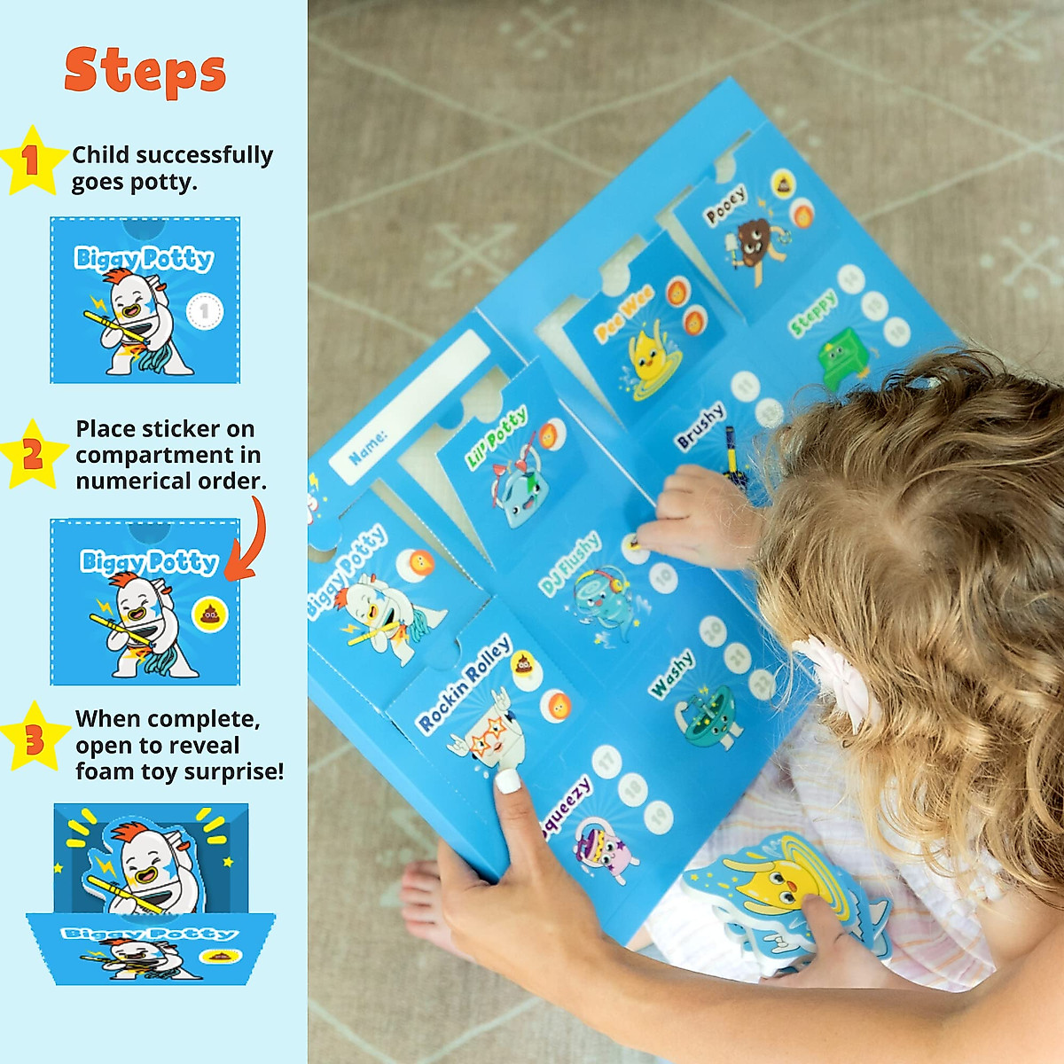 THE POTTYS Funny Potty Training Chart Game for Boys and Girls, Potty Training Rewards for Toddlers - 12 Foam Toys, Potty Stickers, Certificate, Cue Cards and Potty Book for Toilet Training
