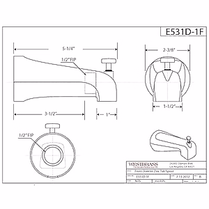 Westbrass E531D-1F-62 5-1/4" Reach Wall Mount Tub Spout with Front Diverter, Matte Black