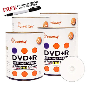 Smartbuy 400-disc 4.7GB/120min 16x DVD+R White Inkjet Hub Printable Blank Media Disc + Black Permanent Marker