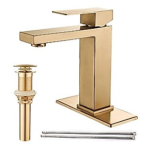 AVSIILE Brushed Gold Bathroom Faucet, Golden Single Hole Vanity Bath Faucet, Single Handle Modern Stainless Steel Bathroom Faucets for Sink 1 Hole with Pop Up Drain Stopper & Water Supply Hoses