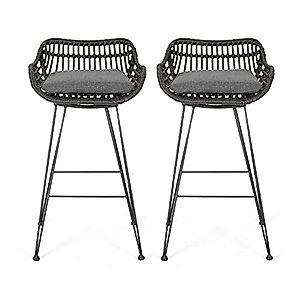 Great Deal Furniture Lisa Outdoor Wicker Barstools with Cushions (Set of 2), Gray and Dark Gray