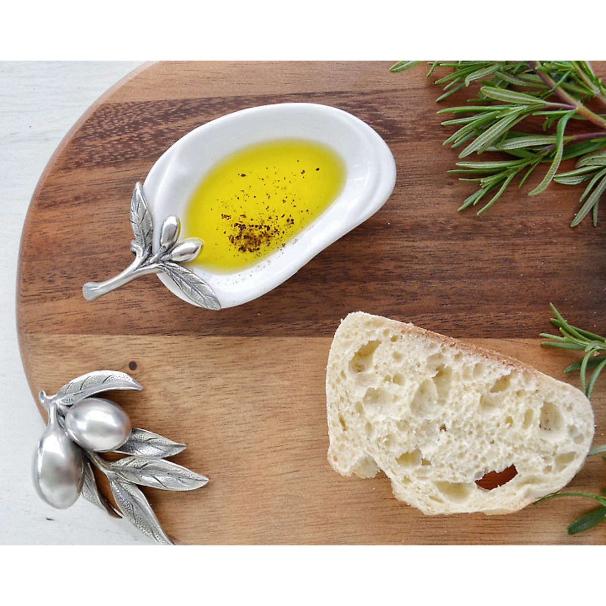 Vagabond House Porcelain Olive/Jam/Oil/Vinegar Server and Spoon Rest with Solid Pewter "Olive Branch" Accent 4.5 inch Long x 2.5 inch Wide