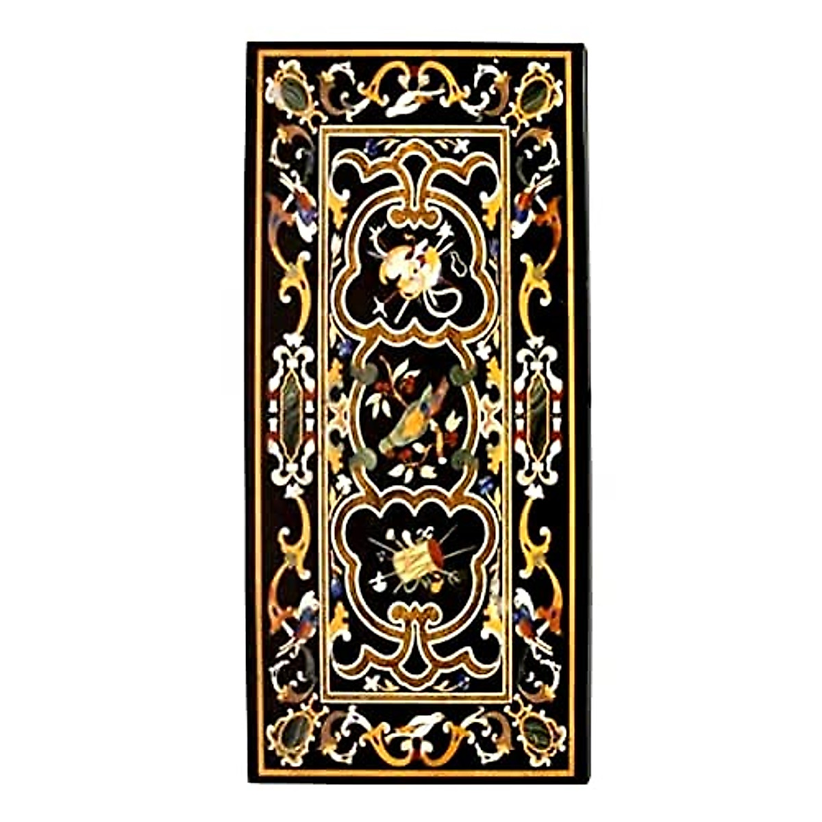 48" X 30" Inch Natural Black Marble Dining Table Pietra Dura Floral Marquetry Patio Table, Outdoor Furniture Table, Italian Style Table