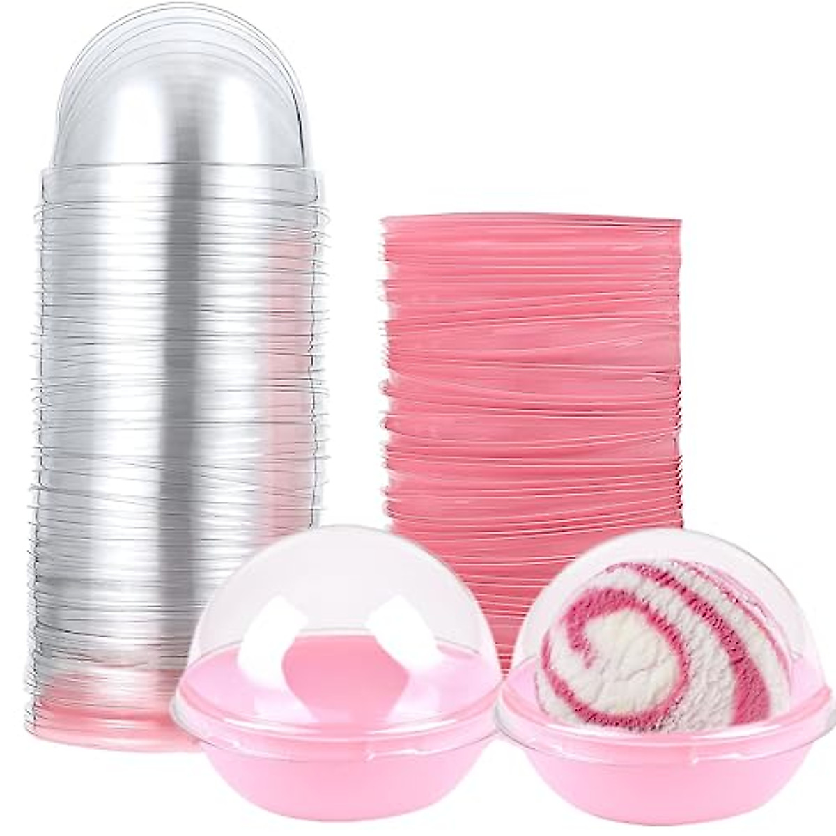 HANLAYYDS 50 Clear Plastic Mini Packaging Boxes Clear Plastic Cupcake Container with Dome Lids for Wedding Birthday Cheese Pastry Ice Cream Balls Dessert Cake (A Pink)