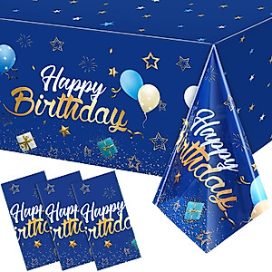 Tegeme Navy Blue Party Supplies Blue Stars Happy Birthday Tablecloths Blue Starry Confetti Table Covers for Kids Boys Girls Baby Shower Birthday Party Decorations (Navy Blue and Gold, 3 Pack)