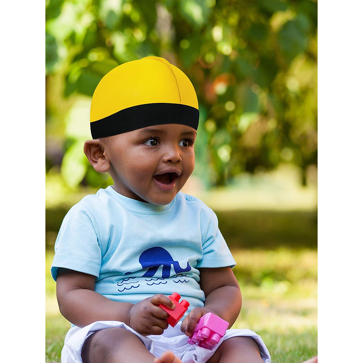 6 Pieces Kids Satin Wave Caps Unisex Baby Beanie 360 Wide Strap Skull Caps(Green, Red, Blue, Yellow, Black, Gray)