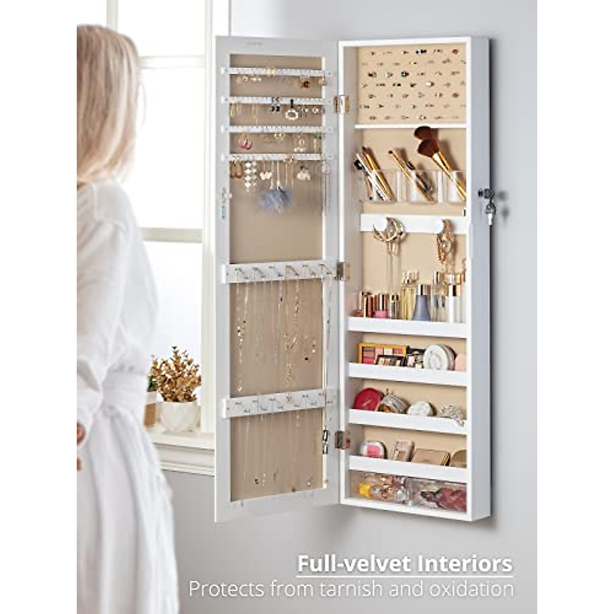 LUXFURNI Mirror Jewelry Armoire Cabinet with Storage, Door Hanging/Wall Mounted Cabinet Organizer with Brush Holder, White