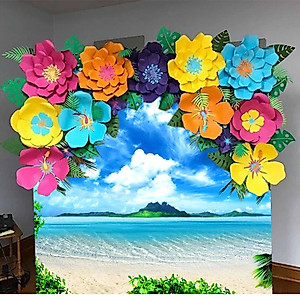 Summer Beach Theme Photo Hawaiian Ocean Blue Sky Seaside Tropical Palm Trees Luau Birthday Party Decor Banner 82x60in