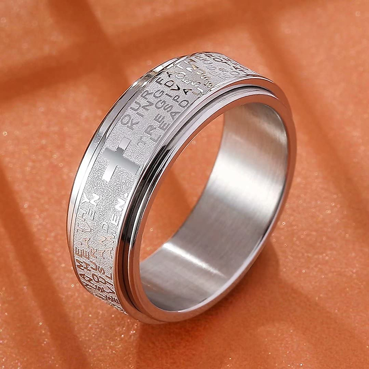 King Will 8mm Lord's Prayer Rotatable Ring Stainless Steel Ring Comfort Fit Wedding Band Rings For Men Women 9.5