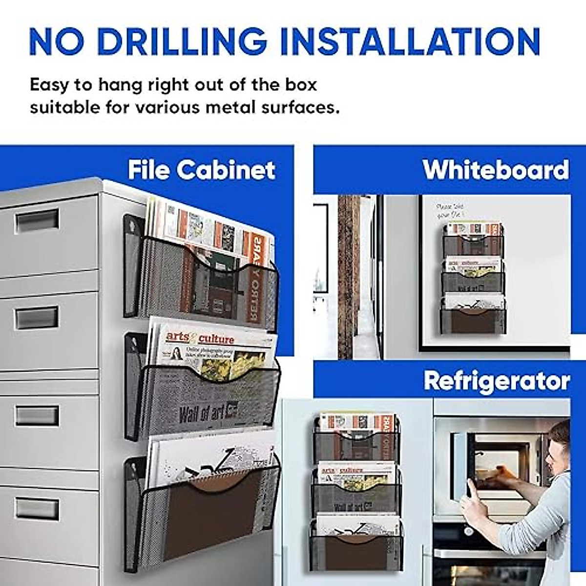 LQPAFZ Magnetic File Holder 3 Pockets File Folder Organizer, Office Hanging Magazine Rack for Refrigerator, White Board, No Drilling Paper Document Holder Mail Organizer for File Cabinets