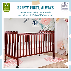 Dream On Me Carson Classic 3-In-1 Convertible Crib In Cherry, Made Of Sustainable Pinewood, Non-Toxic Finish, Comes With Locking Wheels, Wooden Nursery Furniture