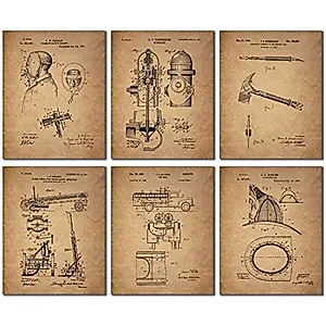 BigWig Photos Fireman Patent Wall Art Prints - Firemen Firefighter Gift Set of 6 (8 inches x 10 inches)