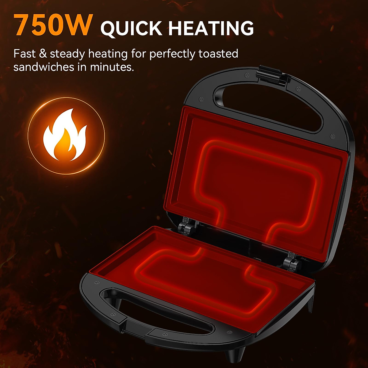 Snailar ABS07 Sandwich Maker, 2 Slice Grilled Cheese Maker with Non-stick Flat Plates, Indicator Lights, Cool Touch Handle, Easy to Clean and Store, 750 W