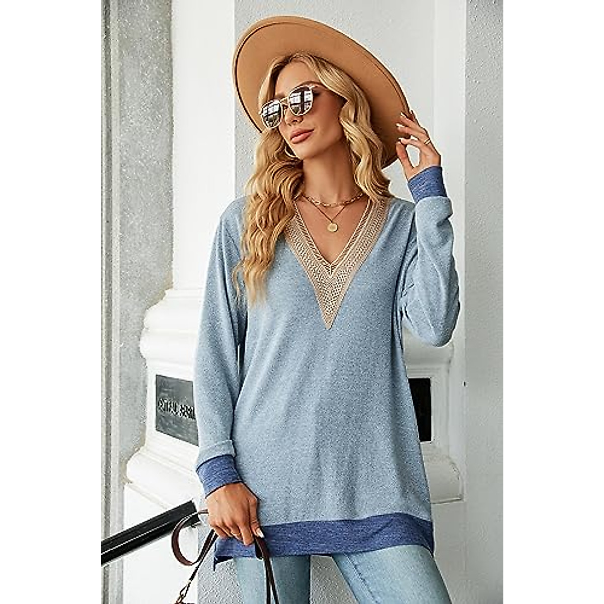 Keificle Women's V-Neck Pullover Color Blocking Long Sleeves Side Split Fall Tunic Tops (Large, 01_Light Blue)