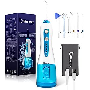 Binicare Water Flosser, Portable Oral Irrigator with 300ML Detachable Reservoir 5 Modes and 6 Jet Tips, Rechargeable & IPX7 Waterproof Water Flossers for Teeth Travel Home Office