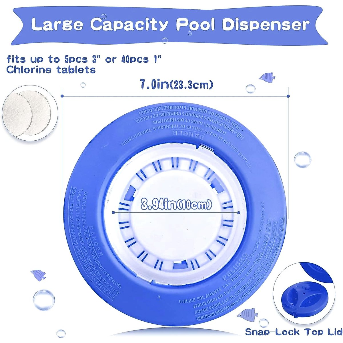 Large Floating Pool Chlorine Dispenser ，Chlorine Holder Floater with Large Capacity Fits 3 inch Tablets, Heavy-Duty Thicker Walls, Release Adjustable for Above Ground Pool, Spa（Blue