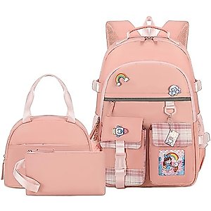 Hey Yoo Cute Backpack for School Backpack for Girls Backpack with Lunch Box Bookbag Set Kids Backpacks for Teen Girls (Pink)