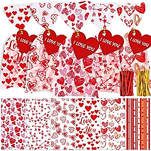 YUJUN 120 PCS Valentines Cellophane Treat Bags,Valentines Gift Goodie Candy Red Heart Clear Cello Bags with 100 Pieces Heart Tags for Valentine's Day Weeding Party Favor Supplies(6 Styles)