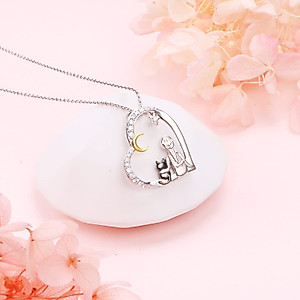 JZMSJF S925 Sterling Silver Black Cat Heart Pendant Necklaces Cute Animal Jewelry Gifts for Women Teens