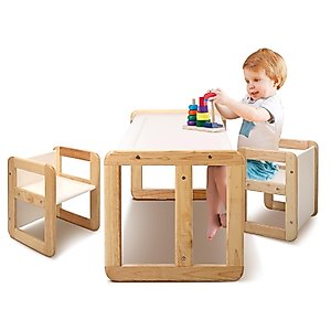 wingyz Kids Table and Chair Set, 3 in 1 Wooden Activity Table for Toddlers Play Study Dining Drawing Arts Crafts, Multi-Purpose Montessori Childrens Table and Chair Set Gifts for Boys and Girls
