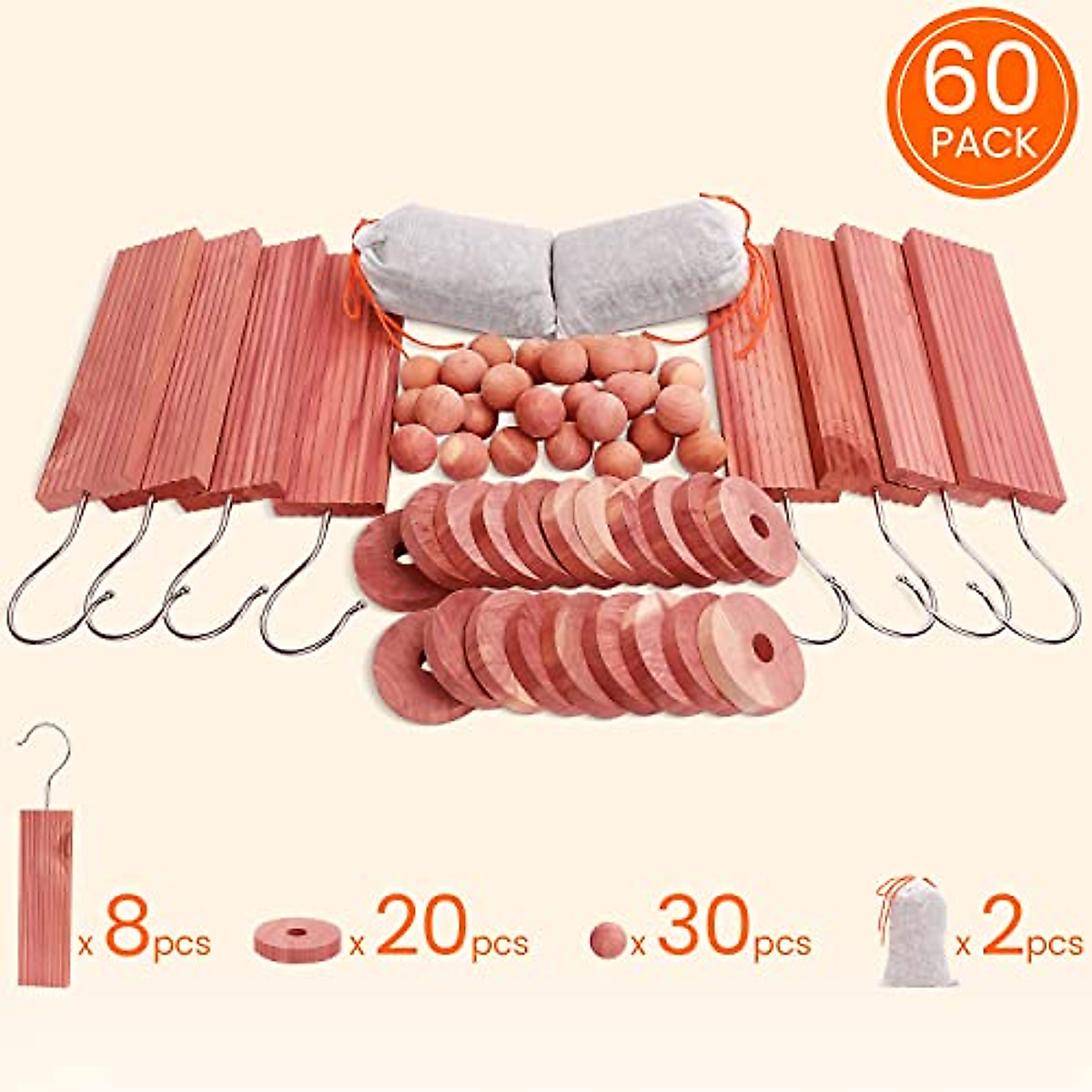 Homode Cedar Blocks for Clothes Storage, Set of 60, Cedar Chips for Closets and Drawers, Aromatic Cedar Wood Balls and Cedar Sachets, Cedar Closet Freshener