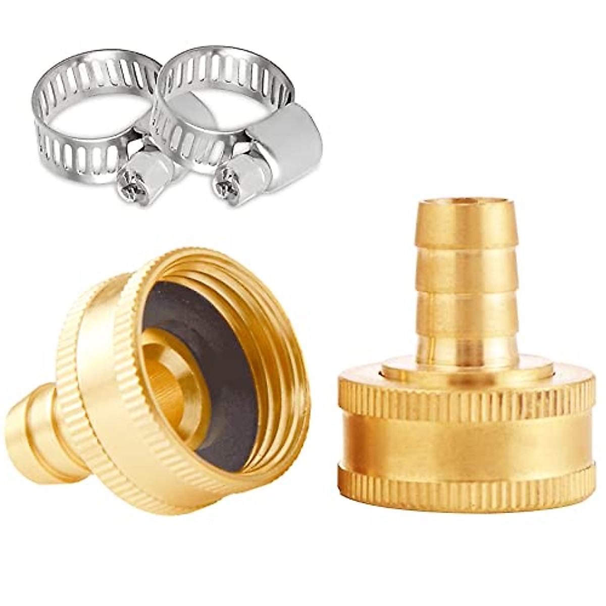 Uenede 2PCS Solid Brass 1/2" Barb x 3/4"GHT Female Garden Hose End Connector Splicer Mender Repair Fitting Include 2 Stainless Steel Clamps