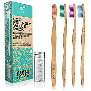 Bamboo Toothbrush 4-Pack & Compostable Silk Dental Floss with Refillable Glass Holder | Biodegradable Oral Care Set | Soft BPA-Free Bristles | Natural Eco-Friendly Gifts for Men & Women | Moso Handle