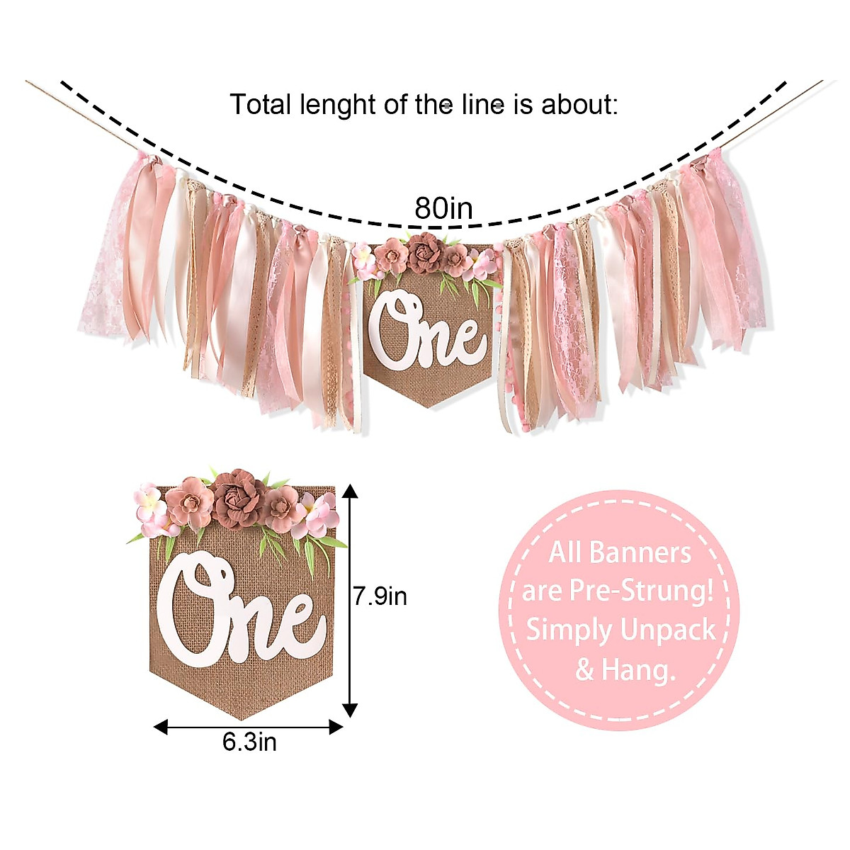Pink 1st/ First Birthday High Chair Banner For Girls - Floral Tea Party Decoration, Happy Birthday Backdrop For Baby Shower, Floral Birthday Banner, Sweet One Banner, Princess Birthday Decoration,