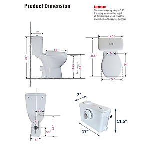 WinZo 750W Macerator Pump Toilet Upflush System for Basement Extra Tall 19" Comfort Bowl With Dual Flush Toilet Tank & Pump for Sink, Toilet, Bathtub, White