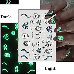 4 Sheets Halloween Nail Art Stickers Decals Luminous Halloween Nail Stickers Halloween Nail Decorations Accessories Cute Ghost Spider Web Halloween Black White Glowing in The Dark Nail Designs