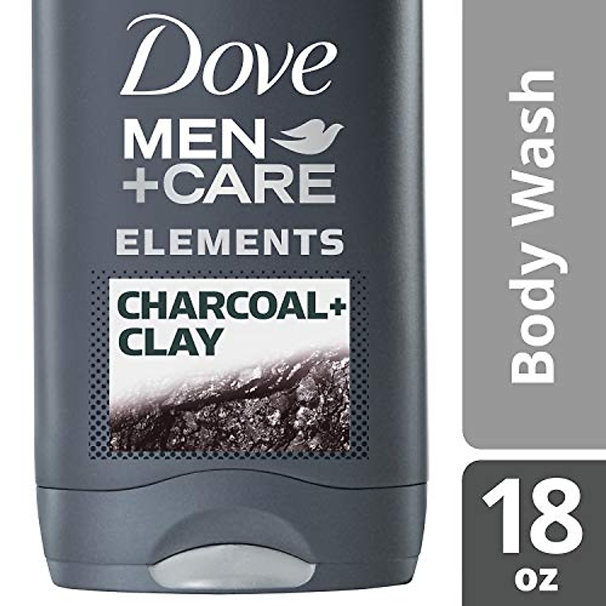 DOVE MEN + CARE Elements Body Wash Charcoal + Clay, Effectively Washes Away Bacteria While Nourishing Your Skin, Gray, 18 Fl Oz