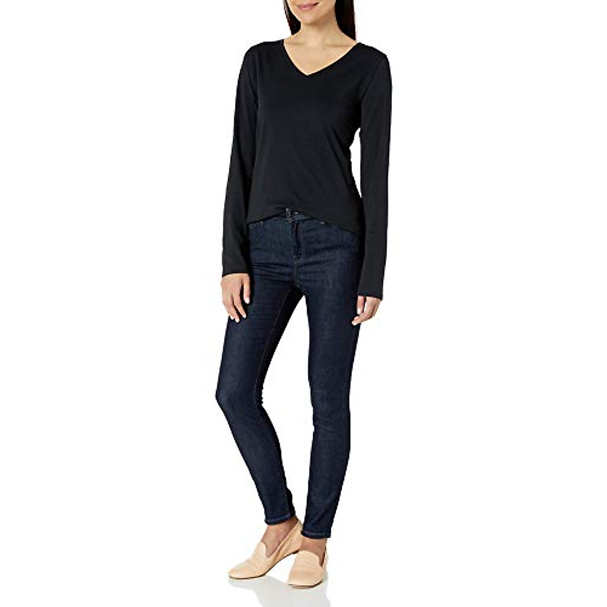 Amazon Essentials Women's Classic-Fit 100% Cotton Long-Sleeve V-Neck T-Shirt, Black, Large