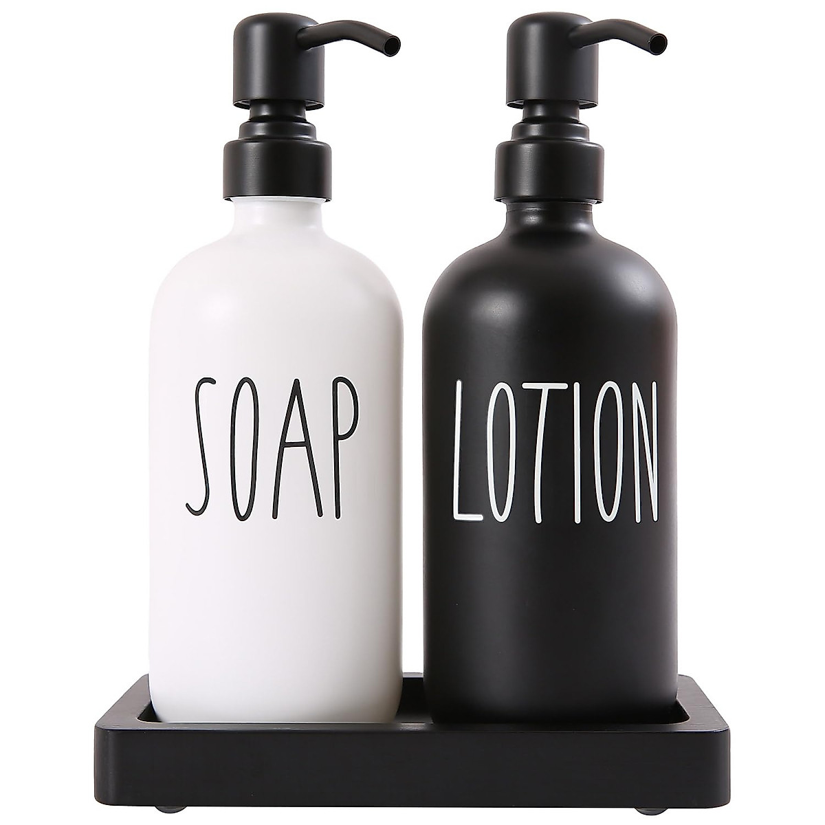 Prus Waso Soap Dispenser Set, Bathroom Countertop Soap Dispensers with Stainless Steel Pump and Black Tray, Perfect for Black and White Bathroom Decor. (Black & White)