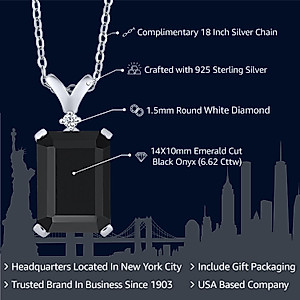 Gem Stone King 6.62 Cttw Black Onyx and White Diamond Necklace In 925 Sterling Silver | Emerald Cut 14X10MM Pendant Necklace for Women | Gemstone Birthstone | With 18 inch Silver Chain