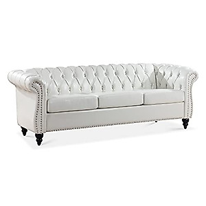 Wlvos 84" Leather Chesterfield Sofas for Living Room, Rolled Arm 3-Seater Large Couch Deep Button Nailhead Tufted Upholstered Couches for Bedroom, Office Apartment Easy to Assemble (Beige)