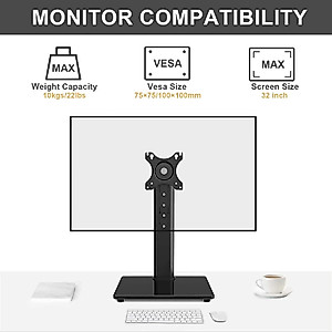 Single Computer Monitor Stand for 13-32 inch Screen, Height Adjustable Monitor Stand, Free Standing Monitor Desk Stand with Swivel, Tilt and Rotation VESA Mount, Black