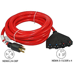 Conntek 20611 Generator Power Cord 25-Foot 10/4 30 Amp 125/250 Volt 4 Prong Male Plug To 15/20 Amp Female Connector