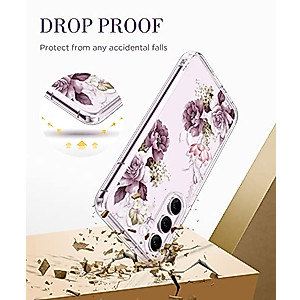 GVIEWIN Compatible with Samsung Galaxy S23 Plus Case with Screen Protector+Camera Lens Protector, Slim Shockproof Clear Floral Pattern Phone Protective Cover for Women 6.6" (Cherry Blossoms/Purple)