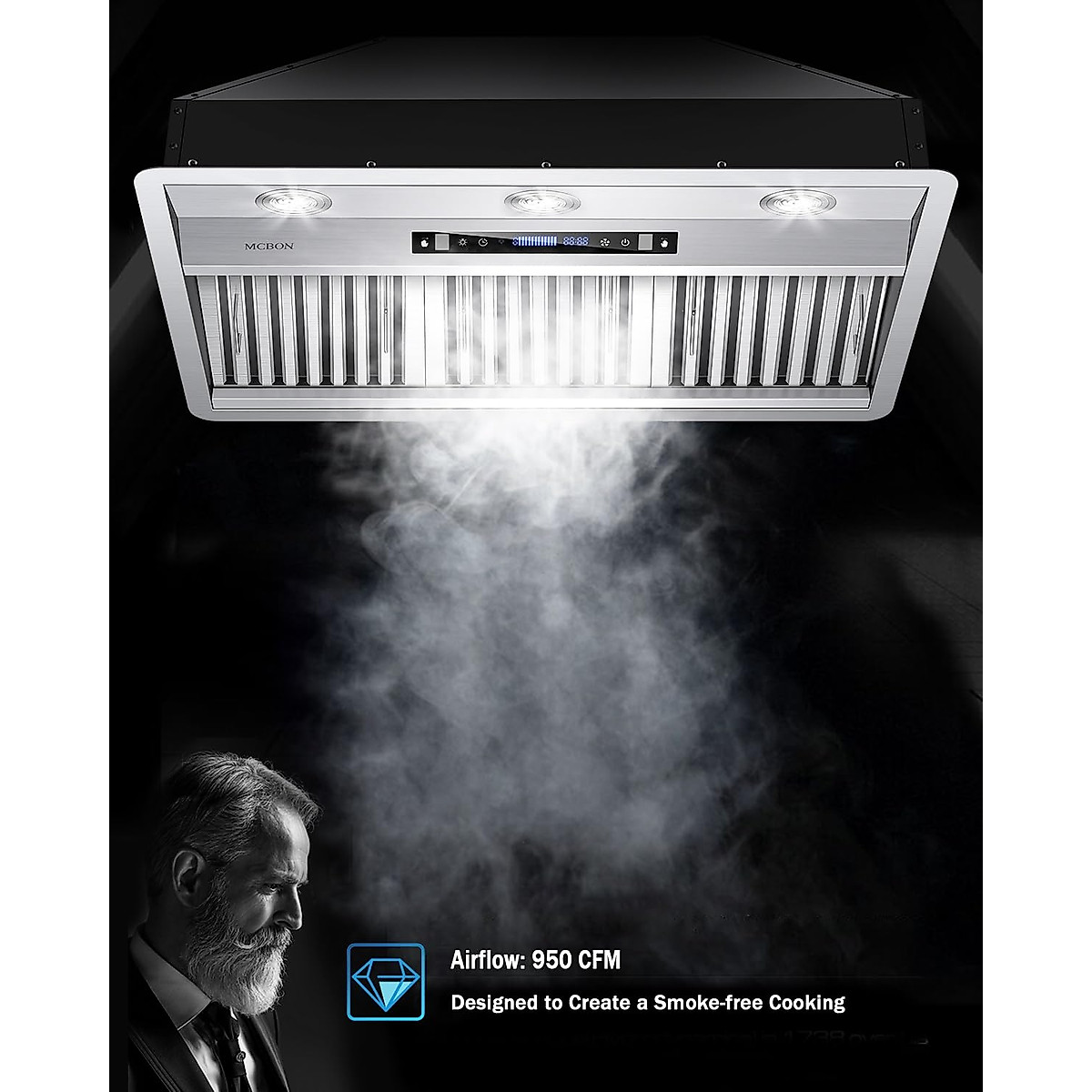 MCBON 42 Inch Range Hood Insert, 950 CFM Range Hood Insert 42 Inch with Remote,4-Speed Insert Range Hood, Gesture Sensing Vent Hood Insert, Touch Panel Hood Range Insert, Built In Range Hood,AE88-42-1