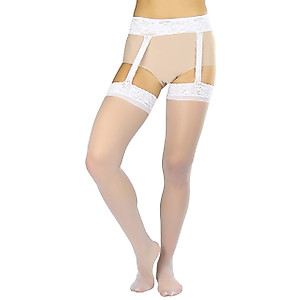 ToBeInStyle Women's All-in-1 Lace Garter Belt Sheer Backseam Stockings - White - OS