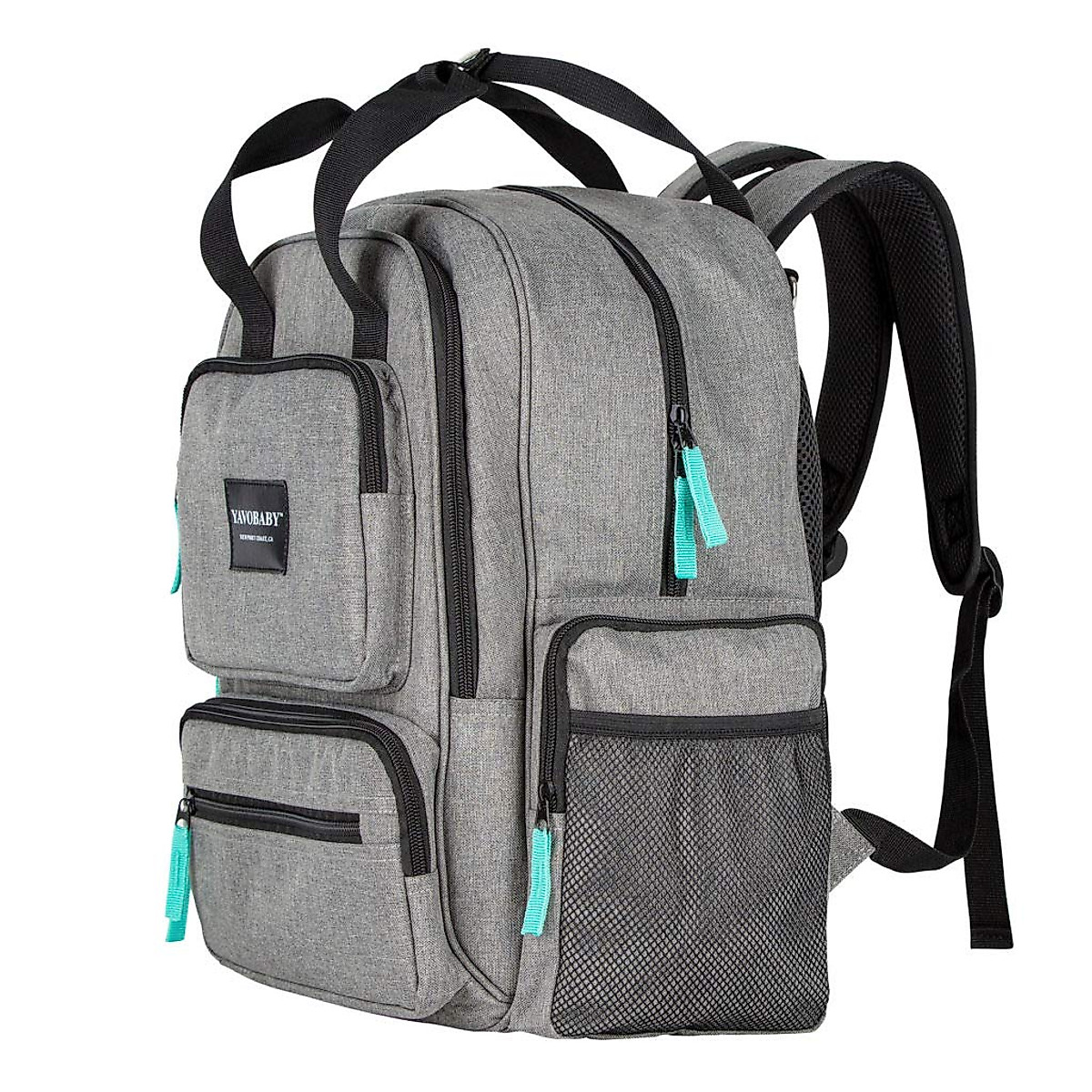 YavoBaby Diaper Bag Backpack - Large Capacity 18 Pocket Multi-Functional Unisex Diaper Bag - Extremely Durable and Stylish - Includes Changing Pad, Stroller Straps, and Nursing Pouch -Gray w/Teal Tags