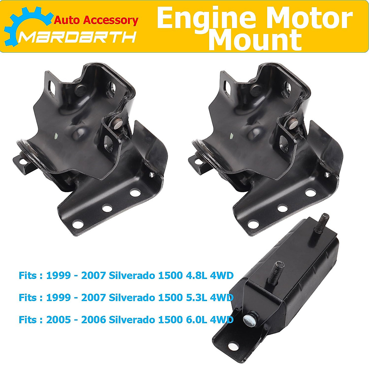 Set of 3, Engine Motor Mounts and Trans Mount Compatible with 99-06 Silverado Tahoe Sierra 1500 V8 5.3L 6.0L, Replace OE A2909 A2909 A2638