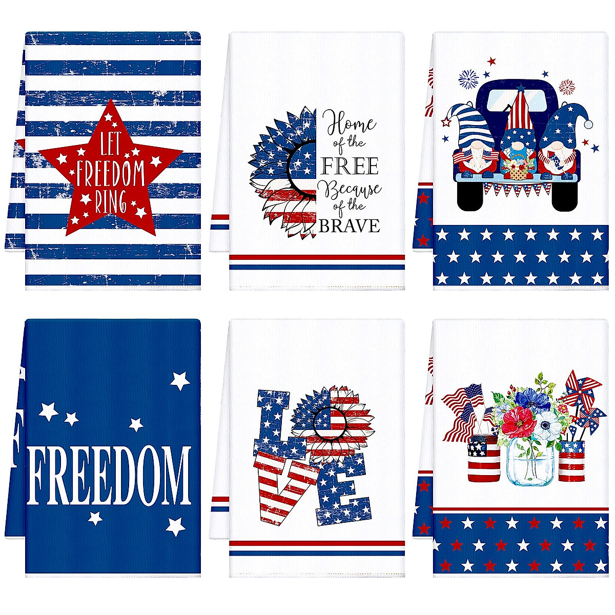 Bencailor 6 Pcs 4th of July Kitchen Towel Patriotic Star Stripe Absorbent Hand Towels Independence Day Gnome Dish Cloths Dish Microfiber Towels for Home Cleaning Baking (Simple Color,Simple Style)